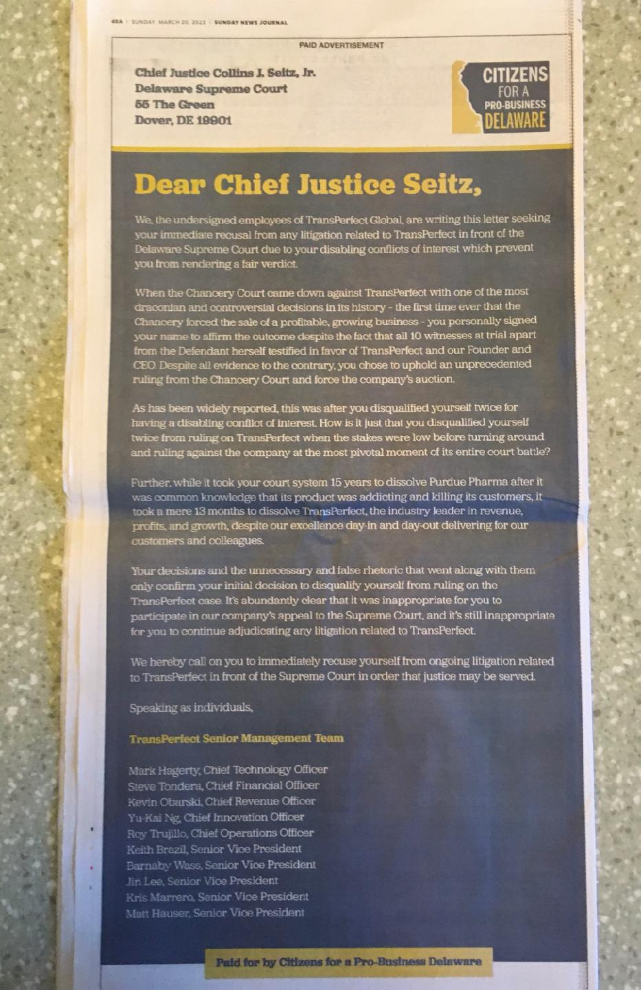 Citizens and TransPerfect Employees Demand Delaware Supreme Court ...